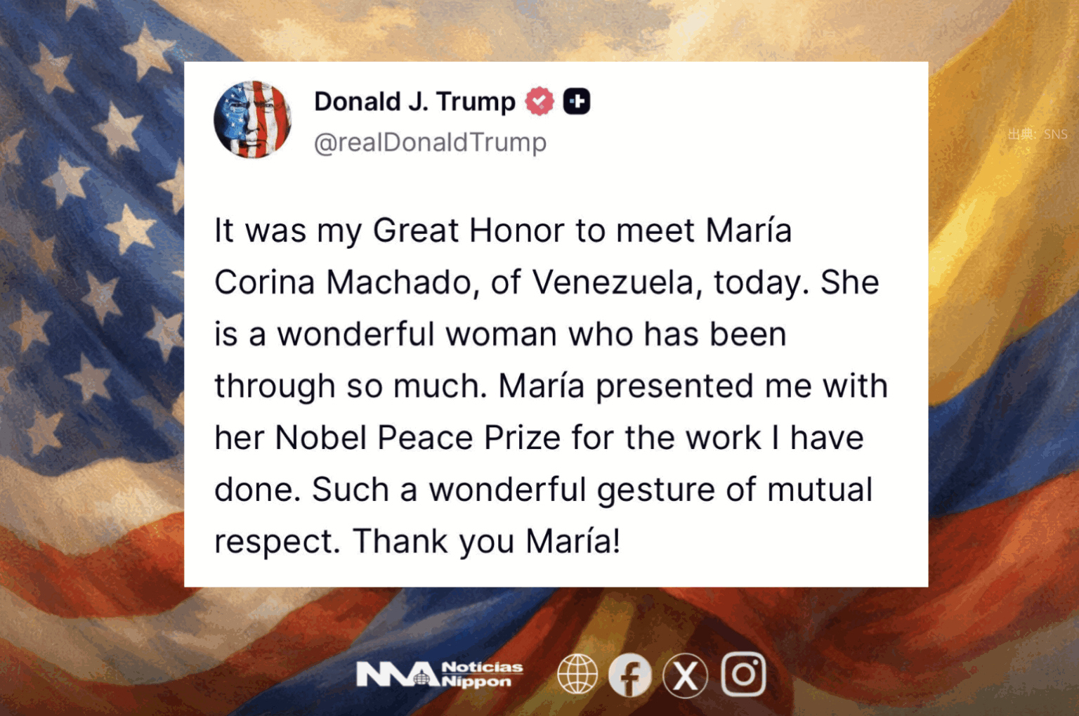 [nōberu heiwa-shō] Trump agradecido – Noticias Nippon